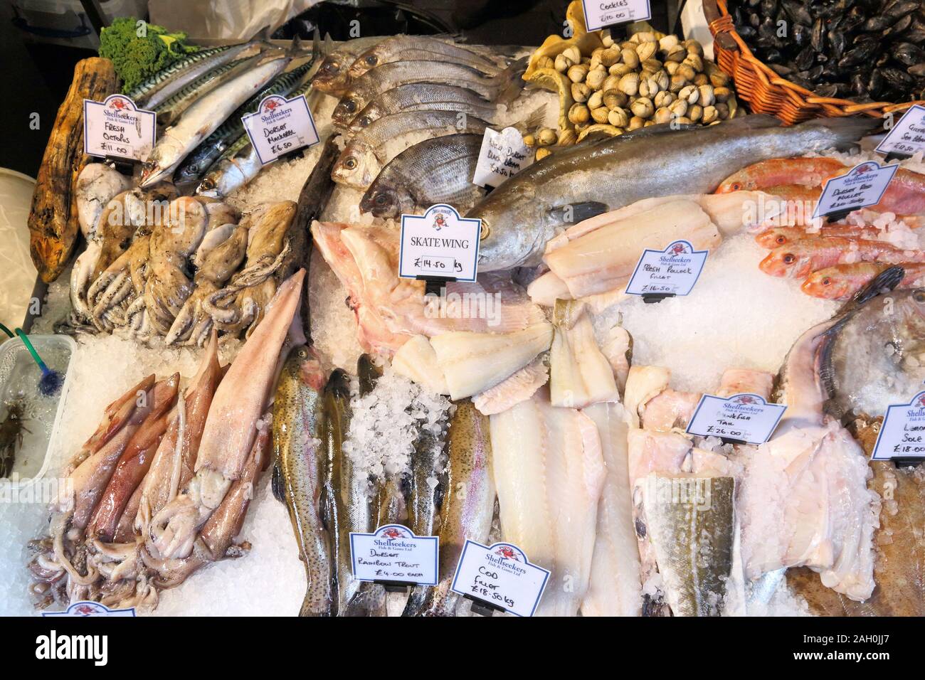 LONDON, UK - APRIL 22, 2016: Fish stall at Borough Market in Southwark ...