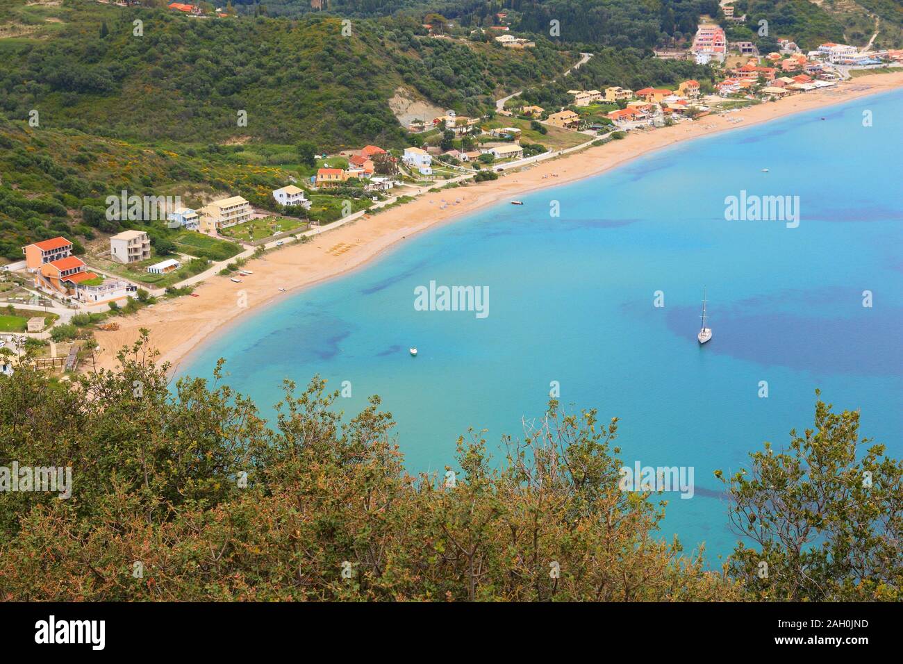 Agios Georgios town. Pagon Beach in Corfu island, Greece. Mediterranean ...