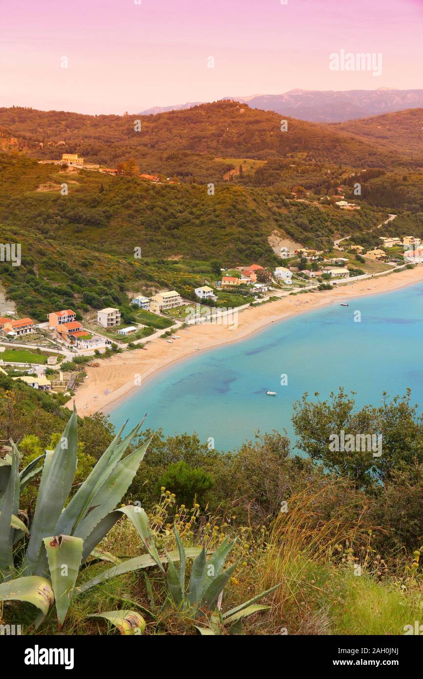 Agios Georgios town. Pagon Beach in Corfu island, Greece. Mediterranean ...