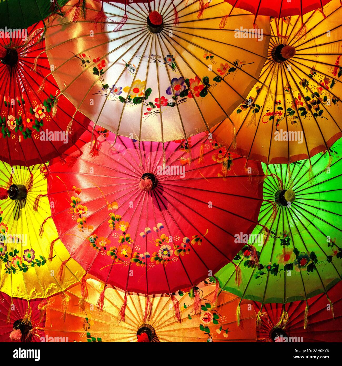 Colorful umbrellas on display in Yangon, Myanmar Stock Photo - Alamy
