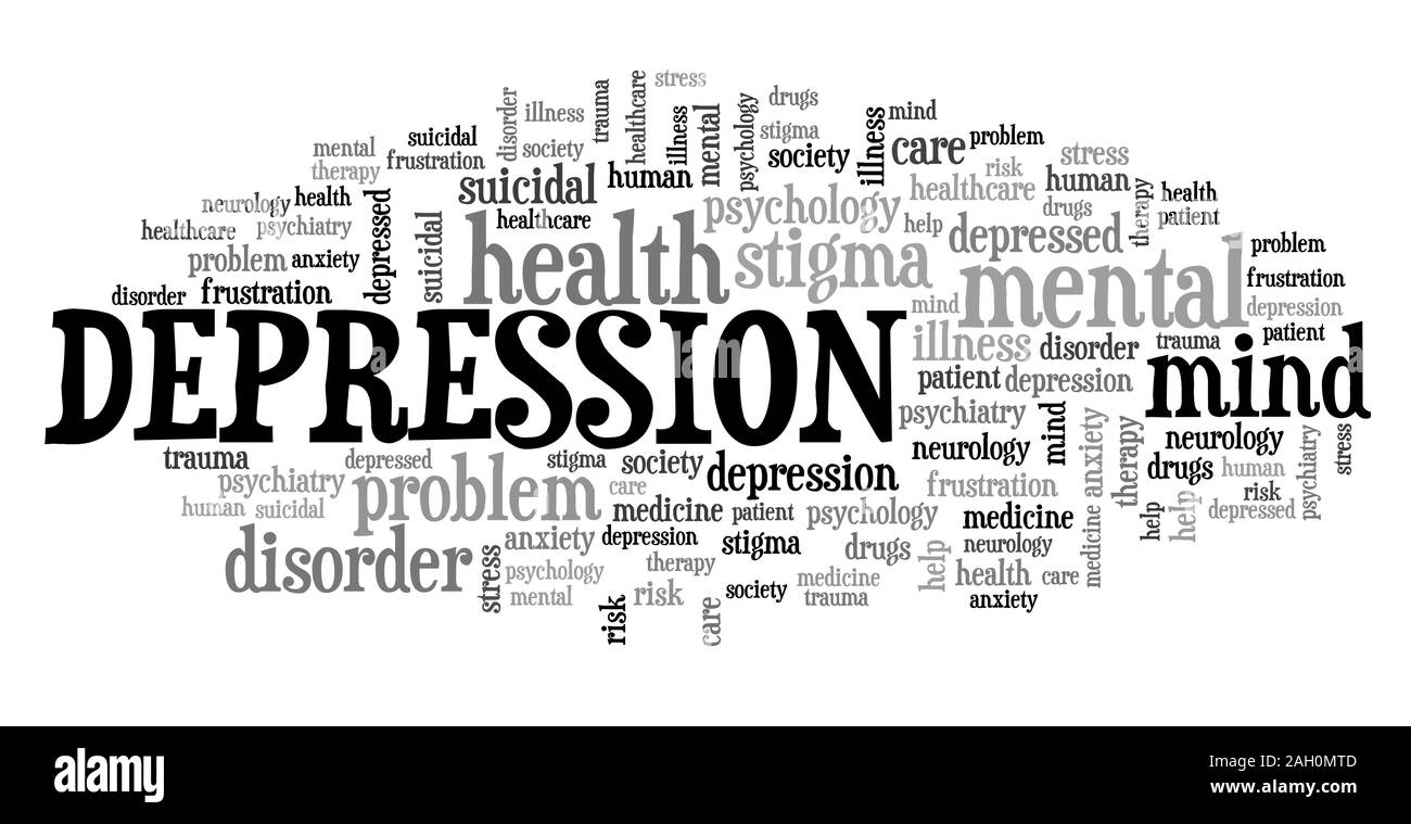 Depression concepts. Mental health word cloud sign Stock Photo - Alamy
