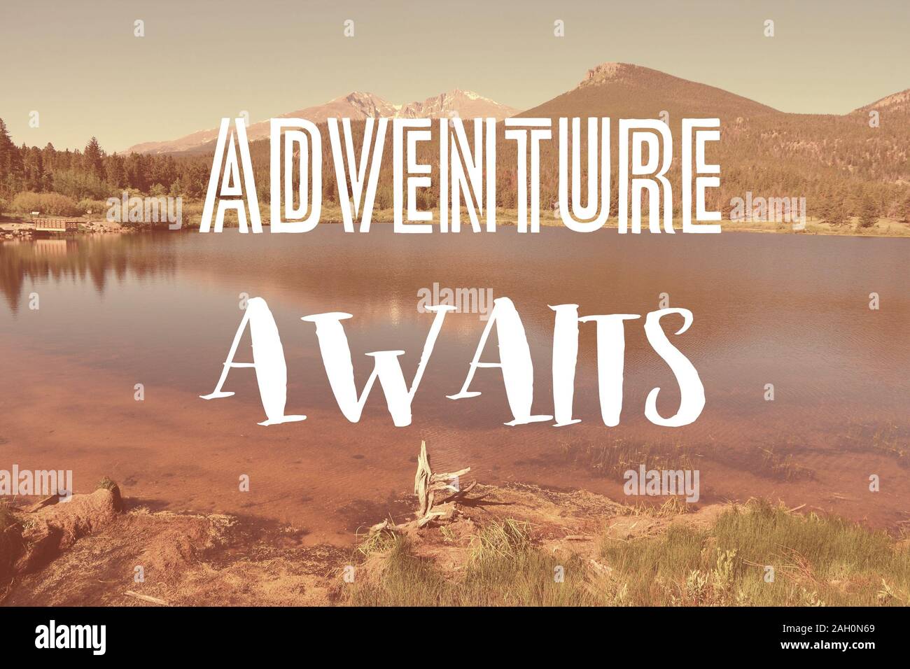 Adventure awaits - social media travel motivational poster Stock Photo ...