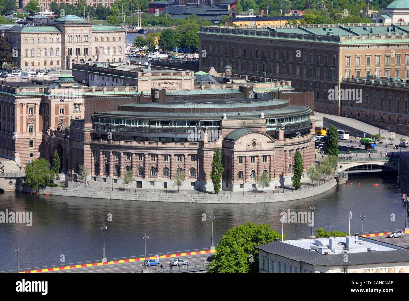 Stockholm, Sweden. Aerial view of Riksdag (parliament) building at Helgeandsholmen island Stock ...