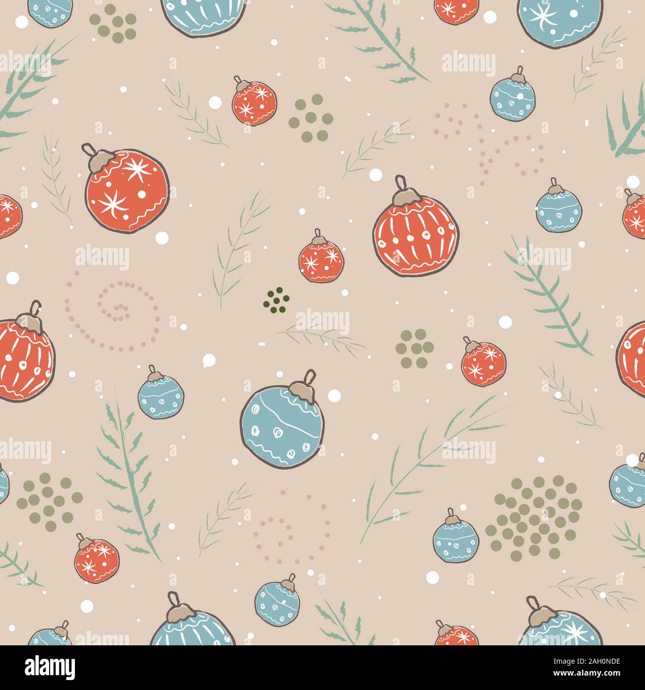 Winter Seamless Pattern with festive ornaments and branches of spruce ...