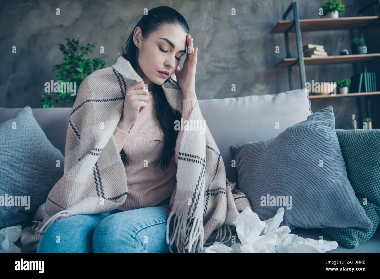 Photo of exhausted lady feeling bad touching hurted head covered with ...