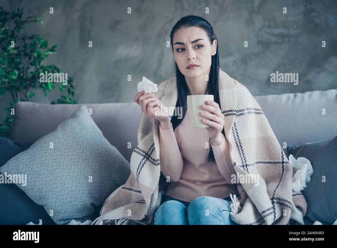 Photo of exhausted lady with cup and napkin caught cold drinking ...