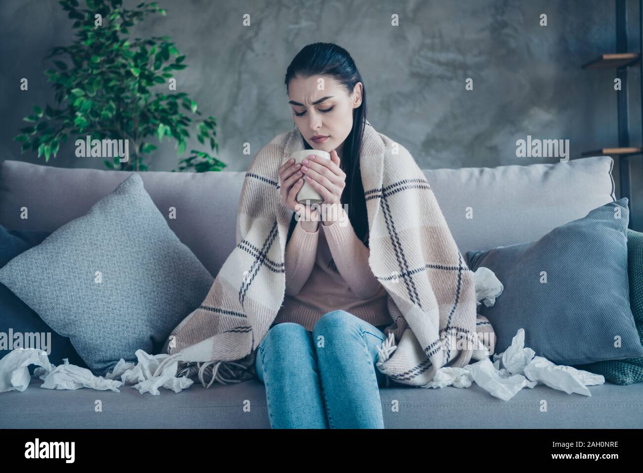 Photo of exhausted lady with cup in hands caught cold drinking flu ...