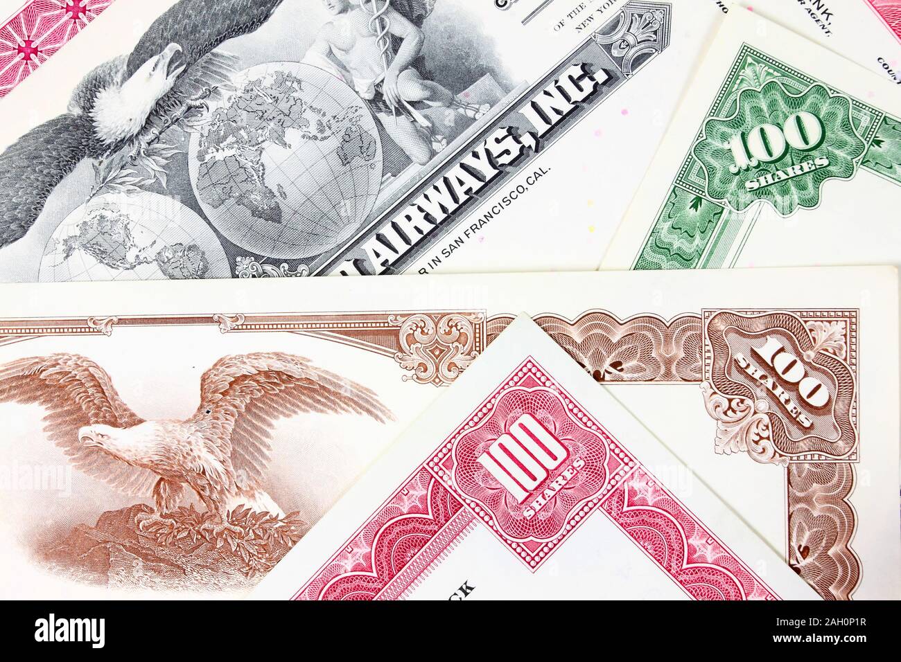 Shares - stock market share certificates from 1950s. Investment and ...