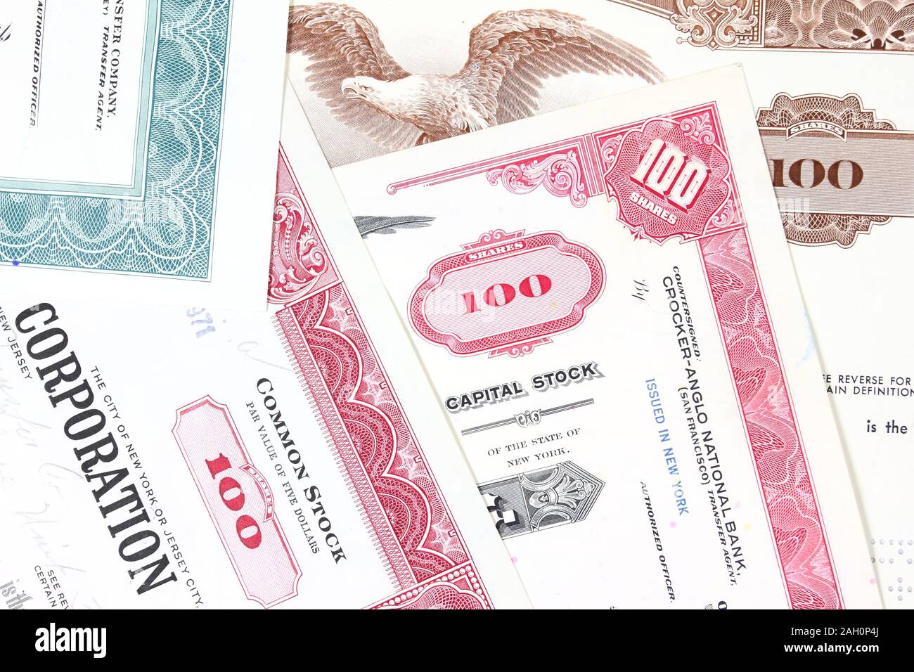 Shares - stock market share certificates from 1950s. Investment and ...