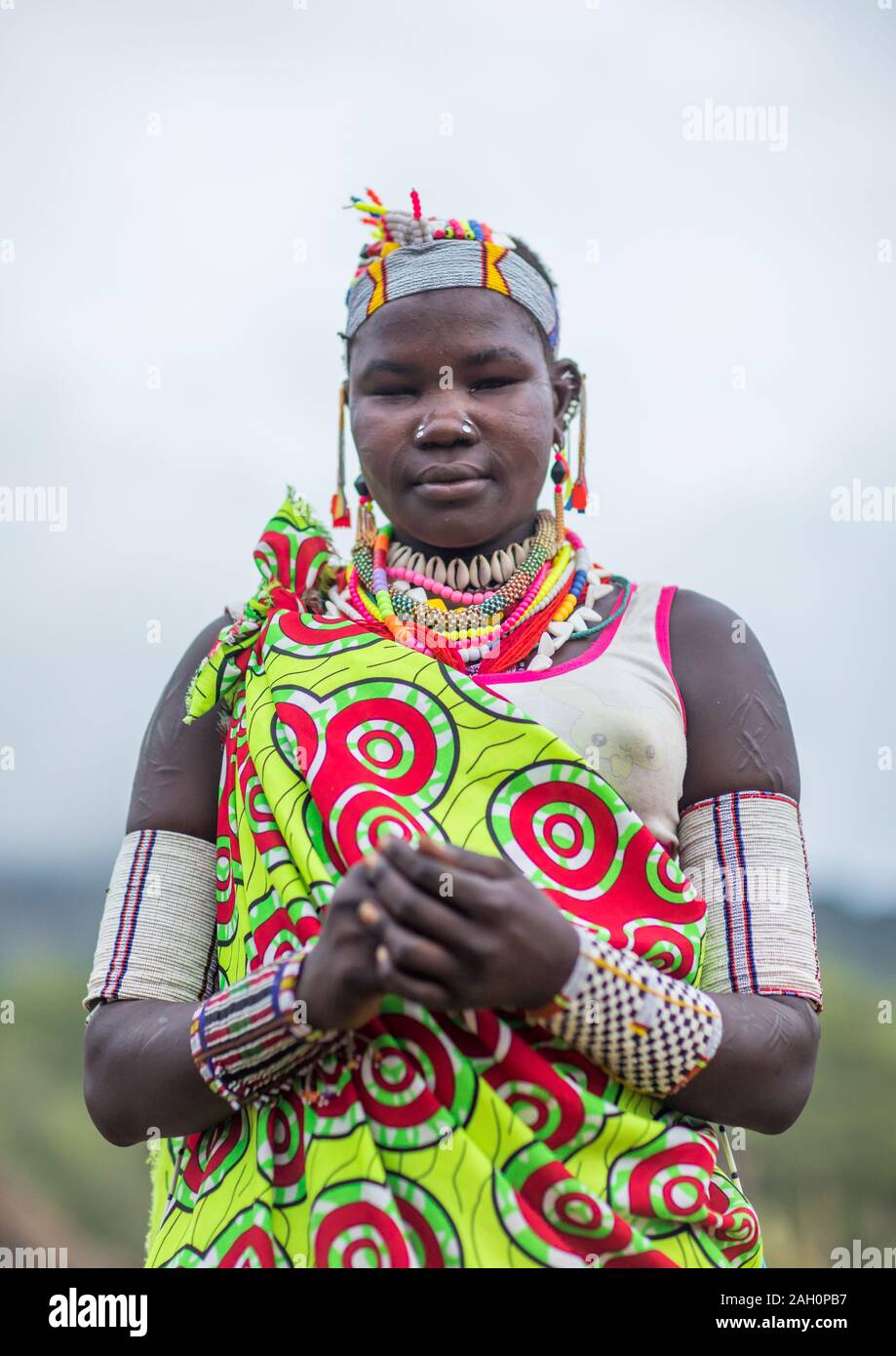 Portrait of a Larim tribe woman with a decorated headwear, Boya ...