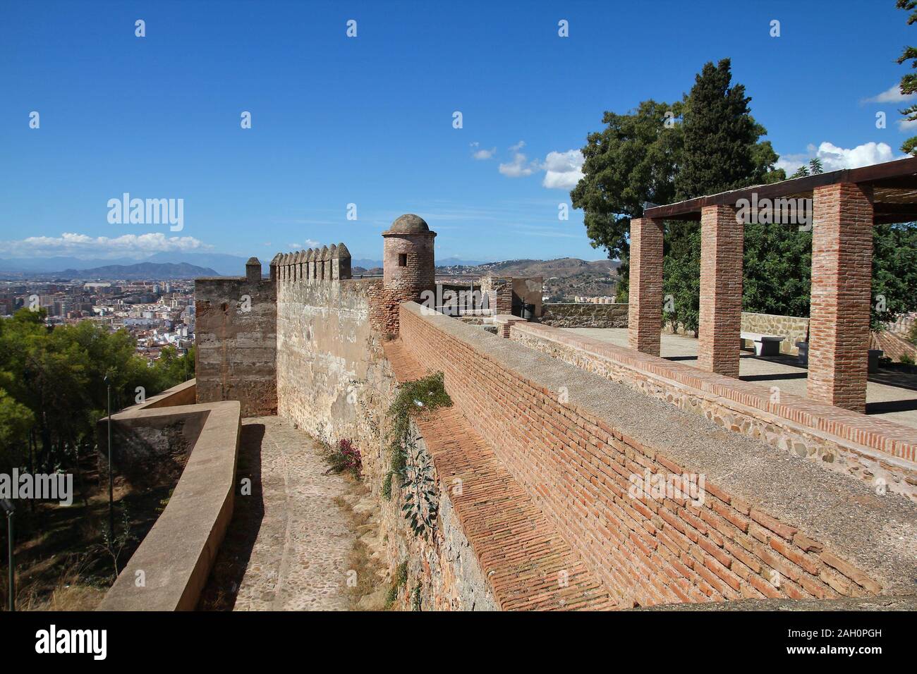 Malaga in Andalusia, Spain. Alcazaba castle walls on Gibralfaro ...