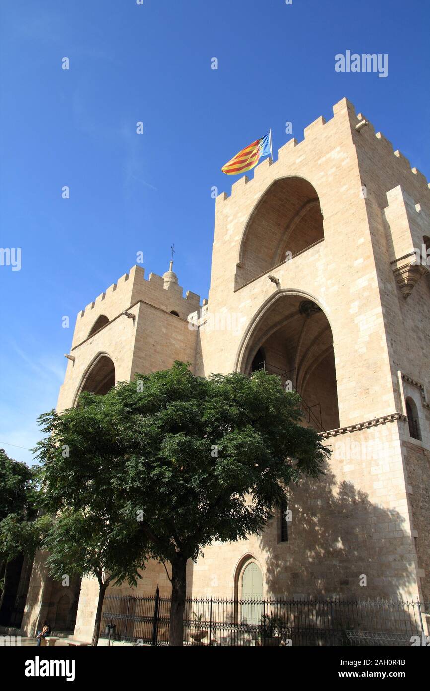 Valencia, Spain - old fortification in city walls. Torres de Serranos ...