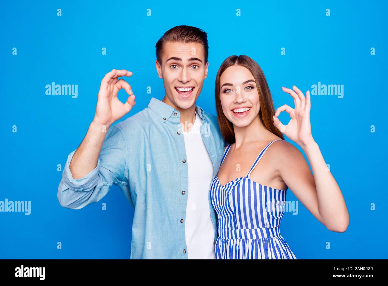 Close-up portrait of his he her she two nice attractive content ...