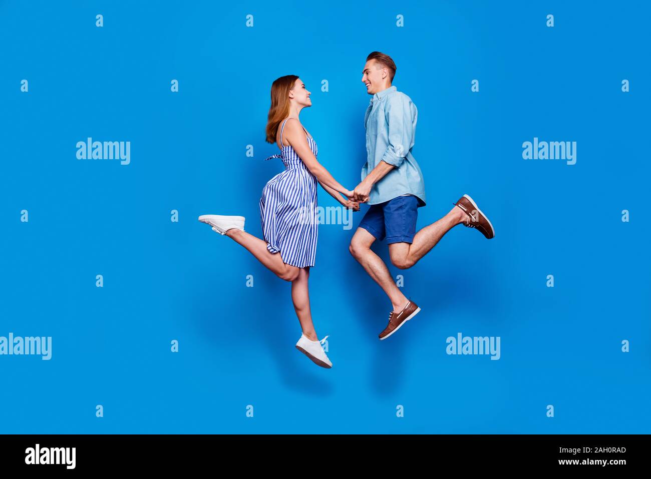 Full length body size profile side view of her she his he two nice attractive dreamy cheerful ...