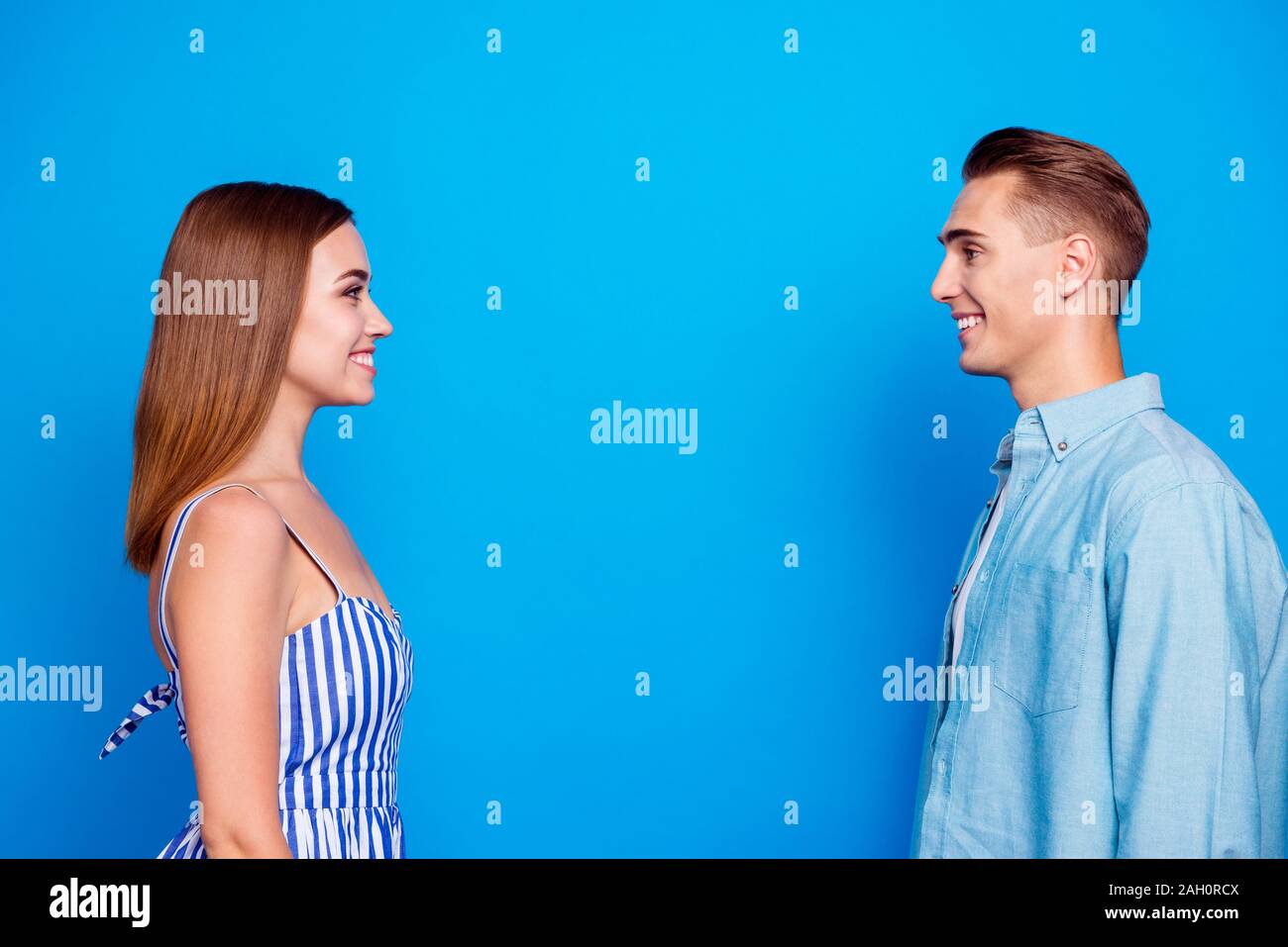 Profile side view portrait of her she his he two nice attractive ...