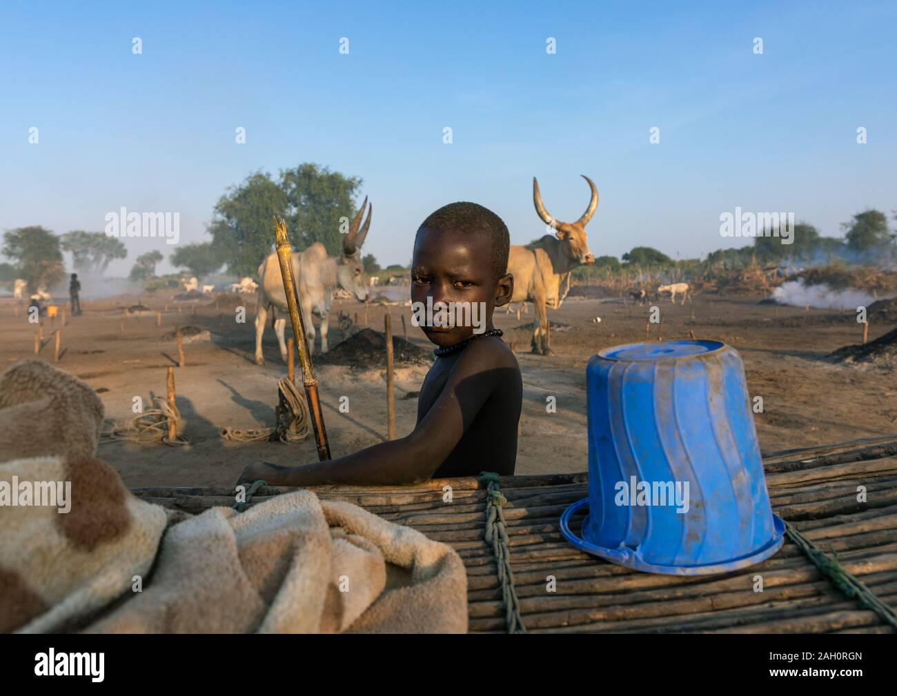 Mundari tribe boy taking care of the long horns cows in the camp, Central Equatoria, Terekeka ...