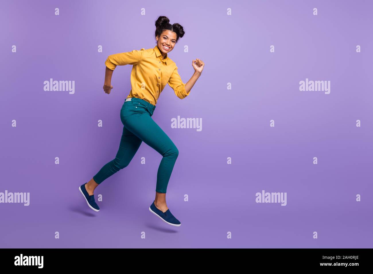 Full length profile photo of pretty dark skin lady jumping high speed ...