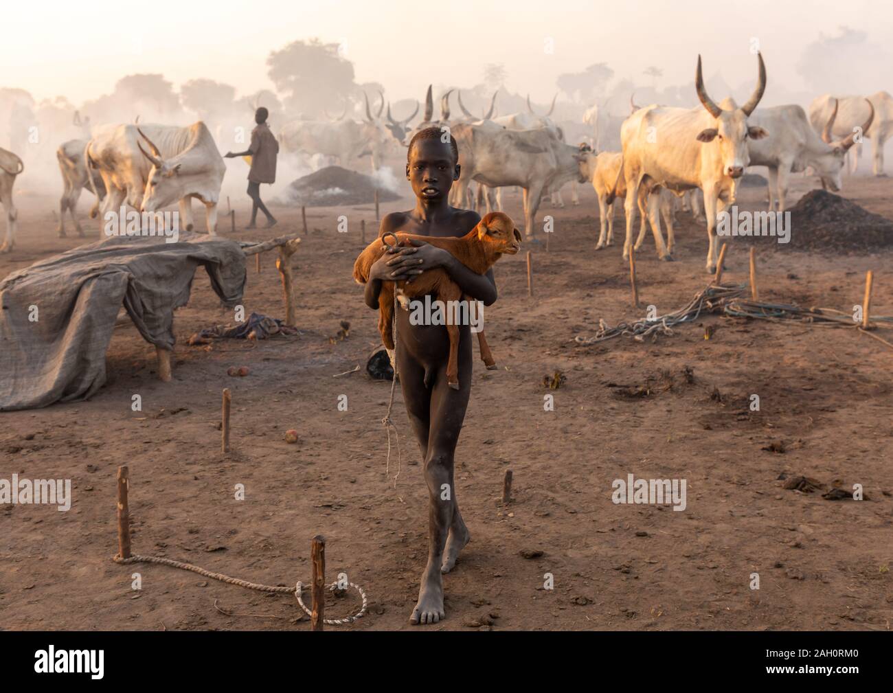 Mundari tribe boy carrying a baby sheep in a camp, Central Equatoria, Terekeka, South Sudan ...