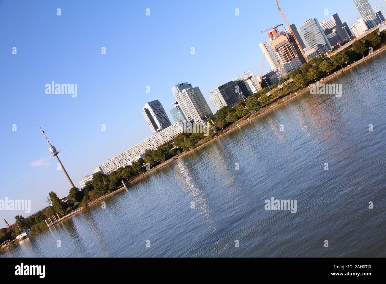 Vienna, Austria - Danube island district. Modern skyscraper ...