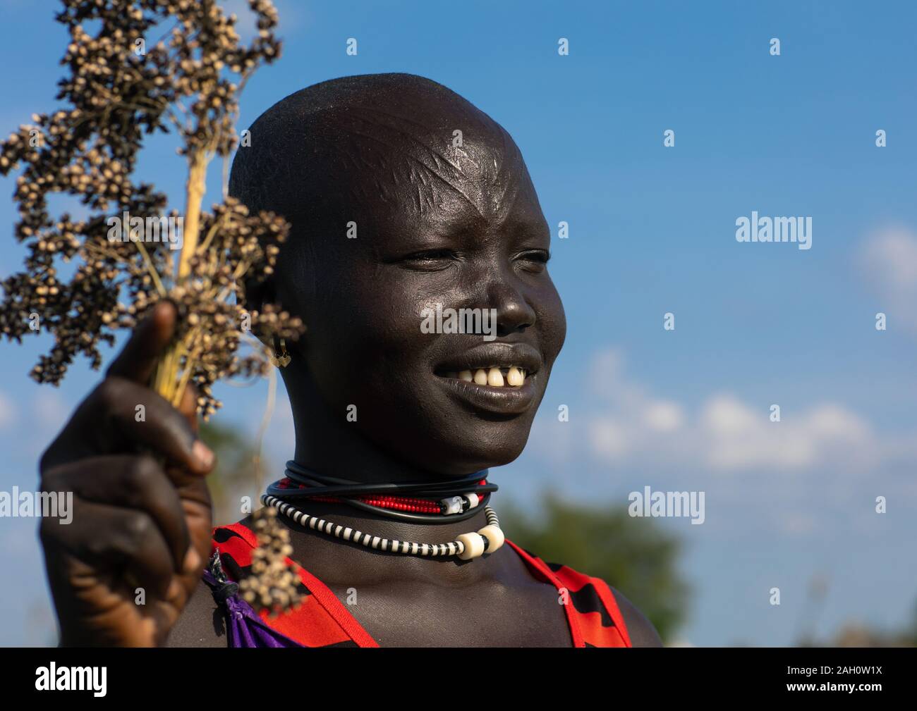 Portrait of a Mundari tribe woman with scarifications on the forehead, Central Equatoria ...