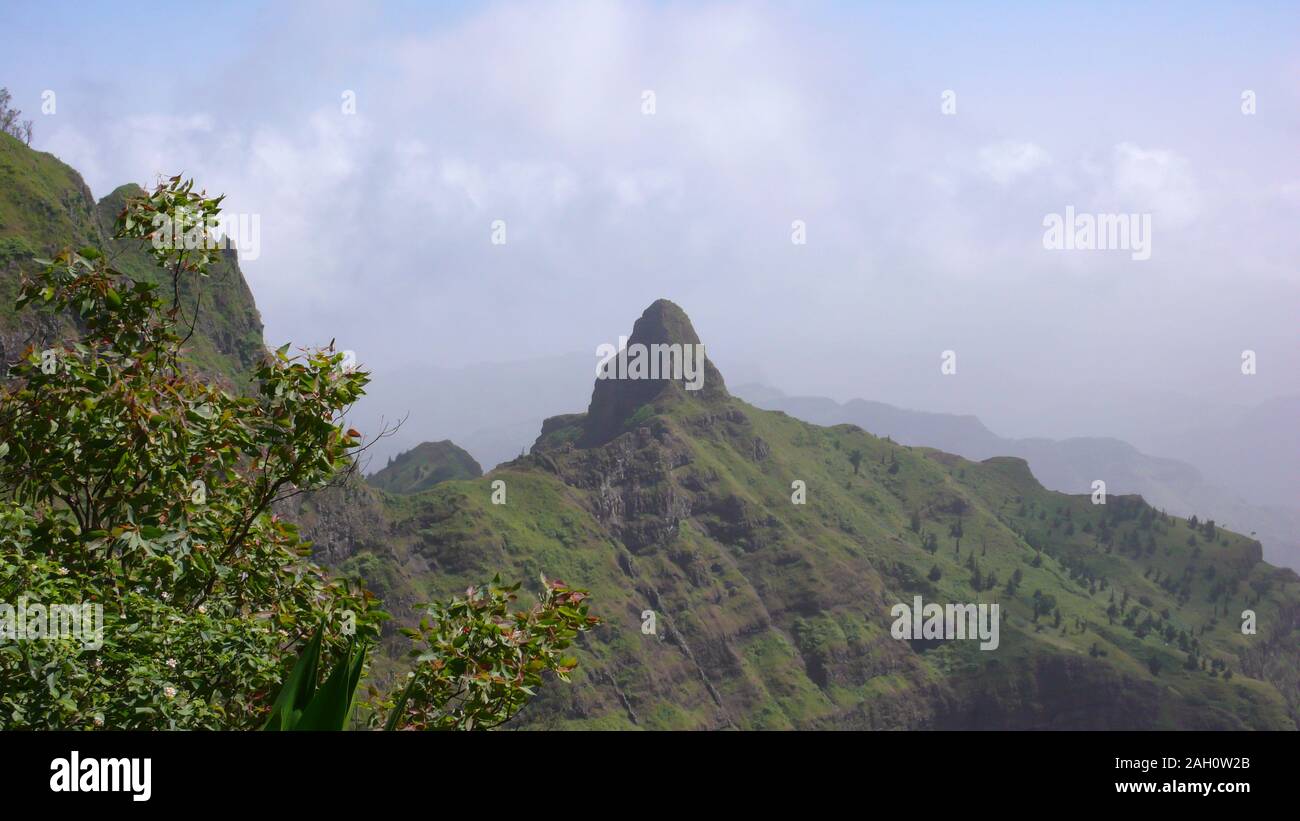A wild jungle mountain and tropical forest landscape in the Cape Verde ...