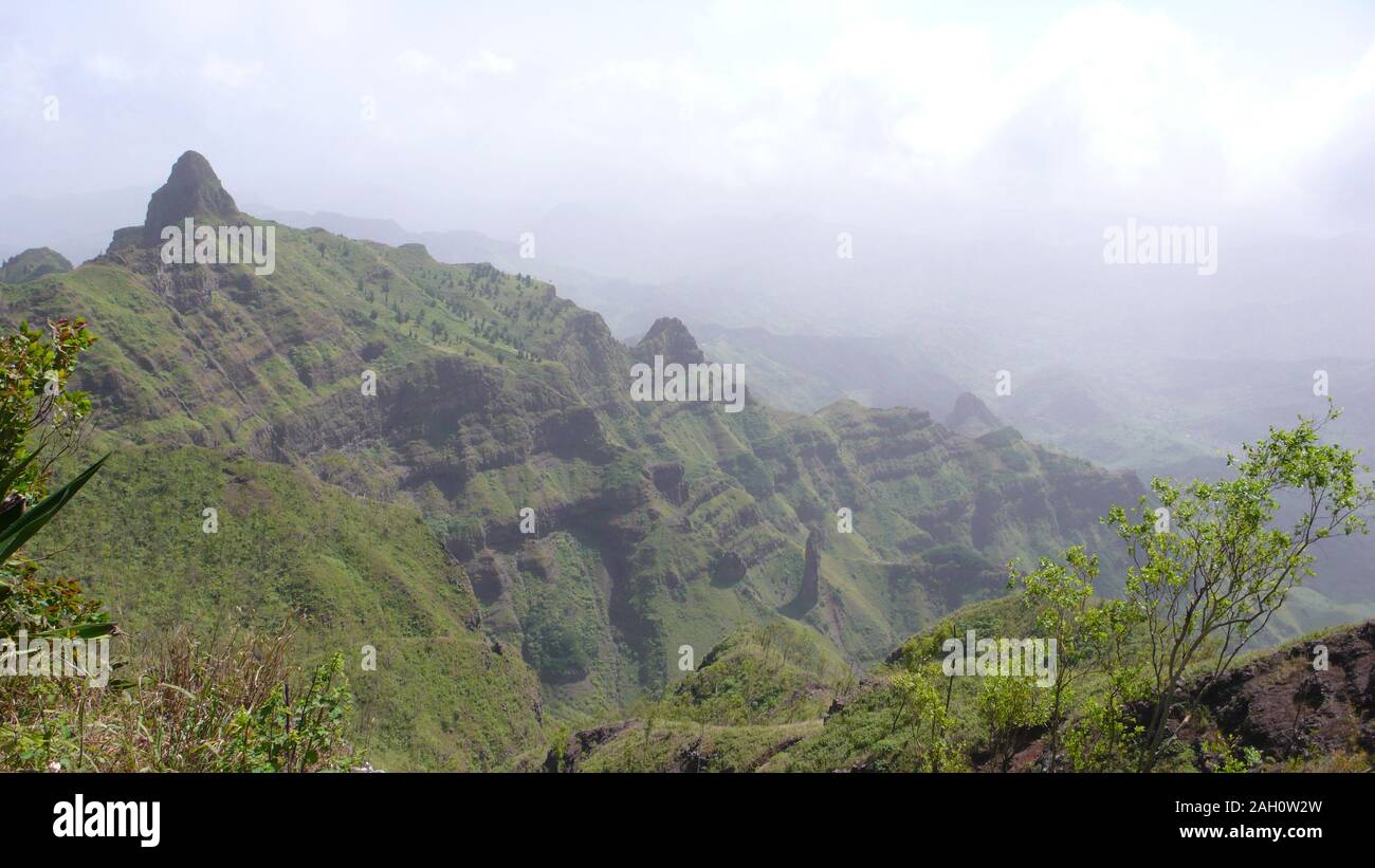 A wild jungle mountain and tropical forest landscape in the Cape Verde ...