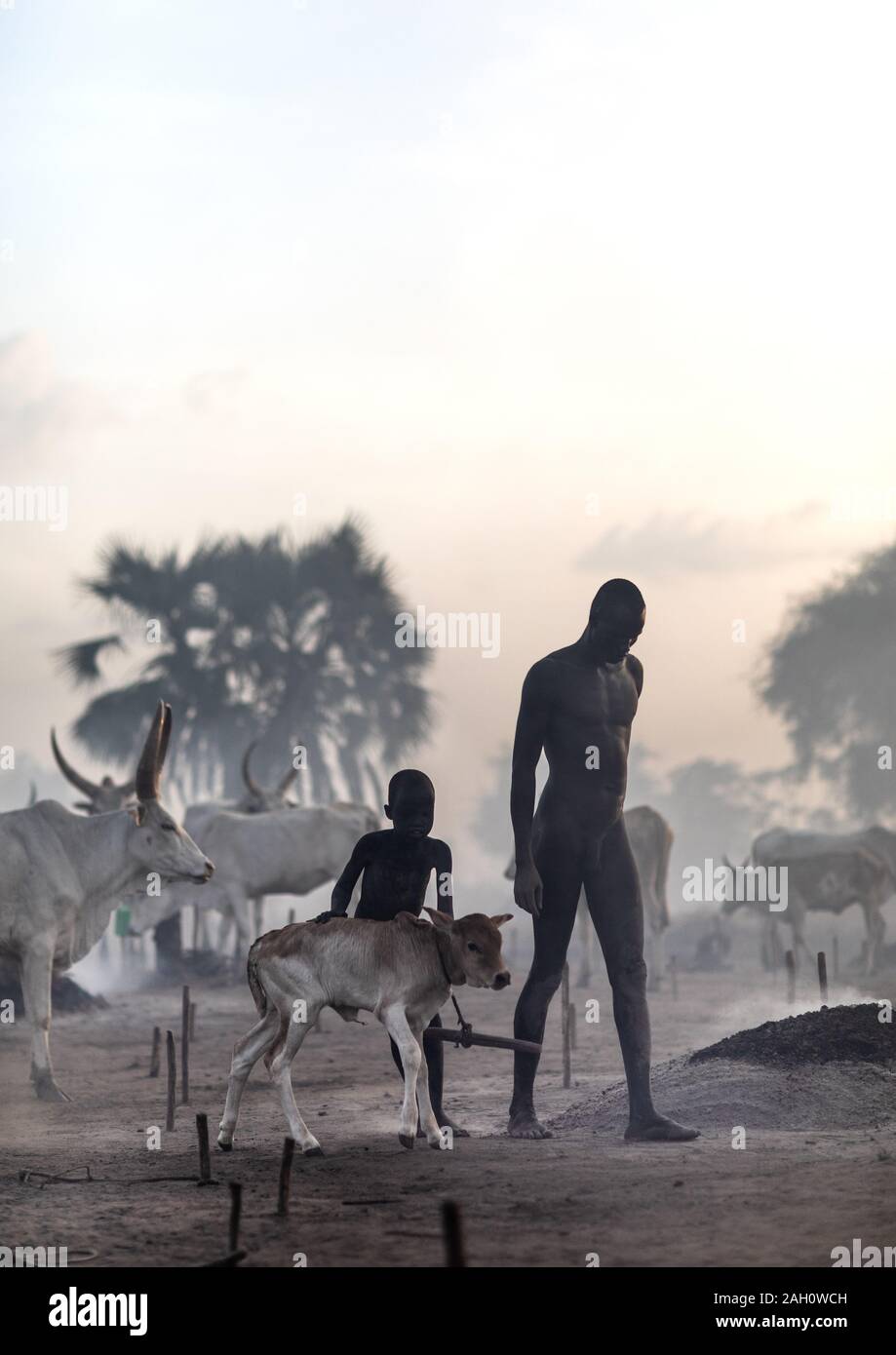 Mundari tribe people in the smoke of the bonfires used to repel the ...