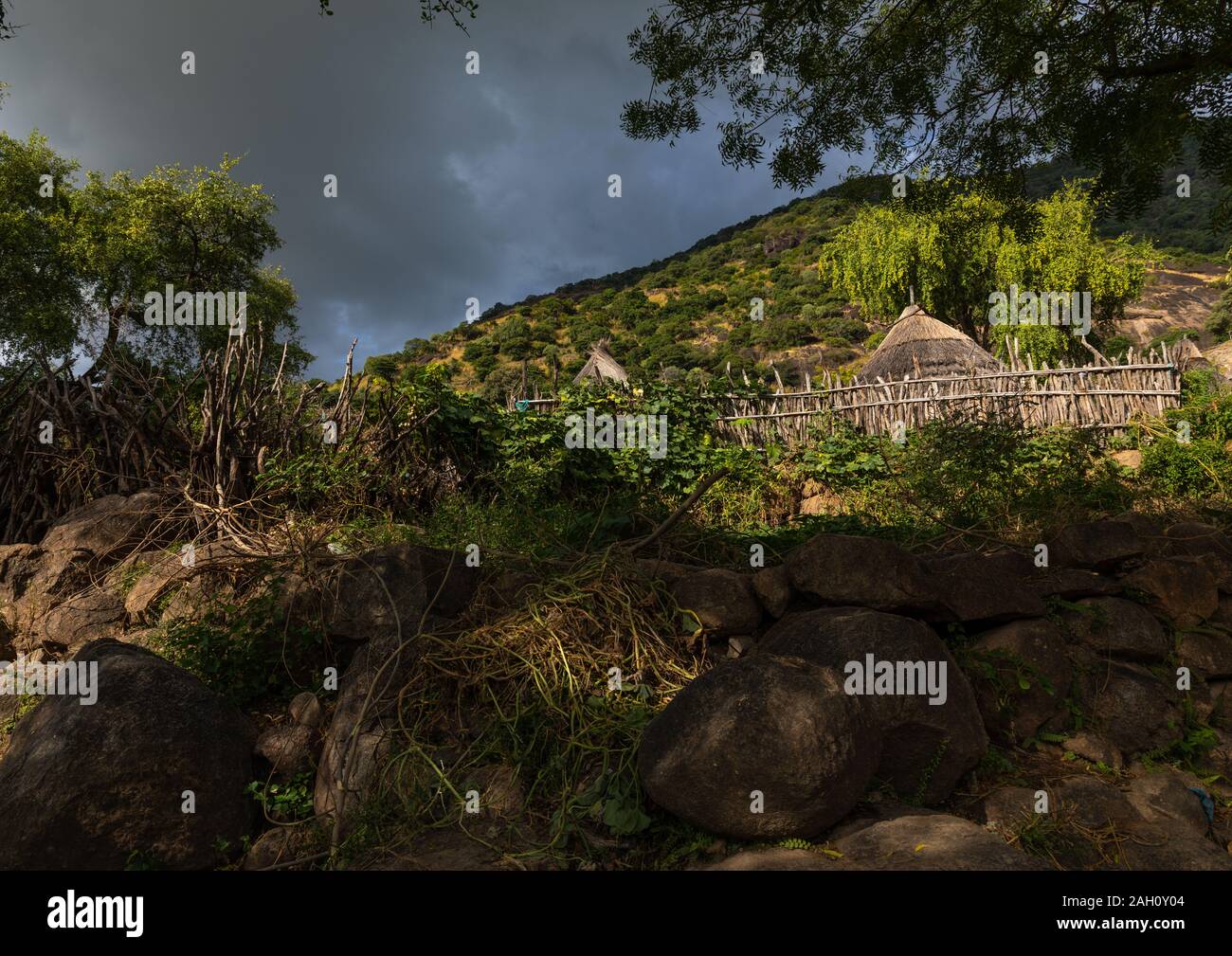 Lotuko tribe village with thatched houses, Central Equatoria, Illeu ...