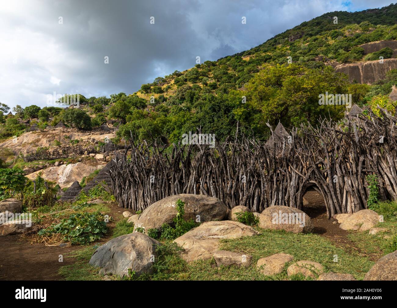 Lotuko tribe village with thatched houses and wood fences, Central ...