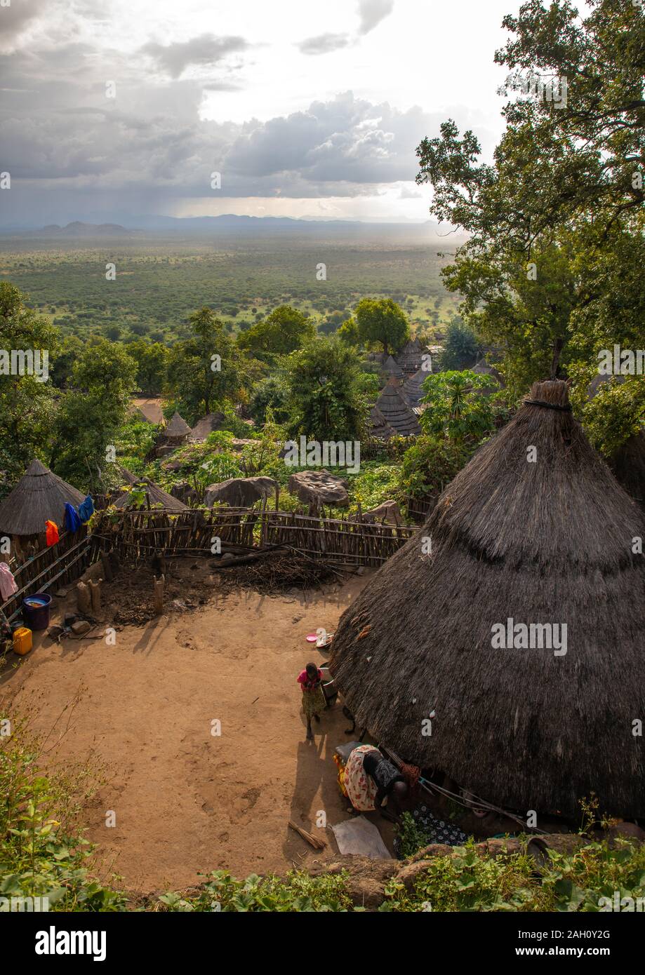 Lotuko tribe village with thatched houses, Central Equatoria, Illeu ...