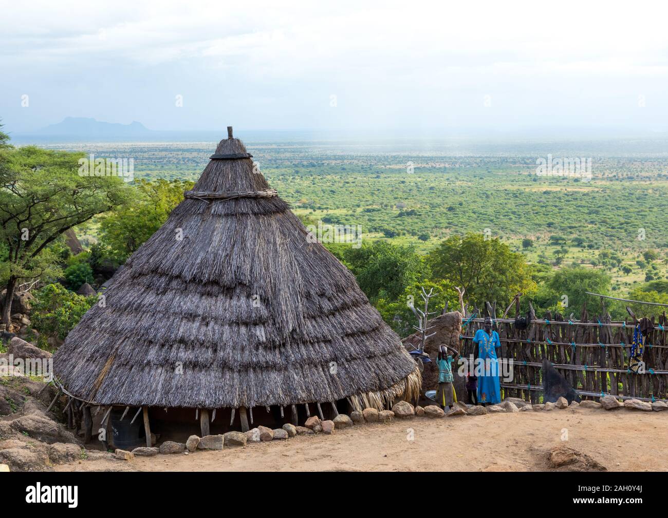 Lotuko tribe village with thatched houses, Central Equatoria, Illeu ...