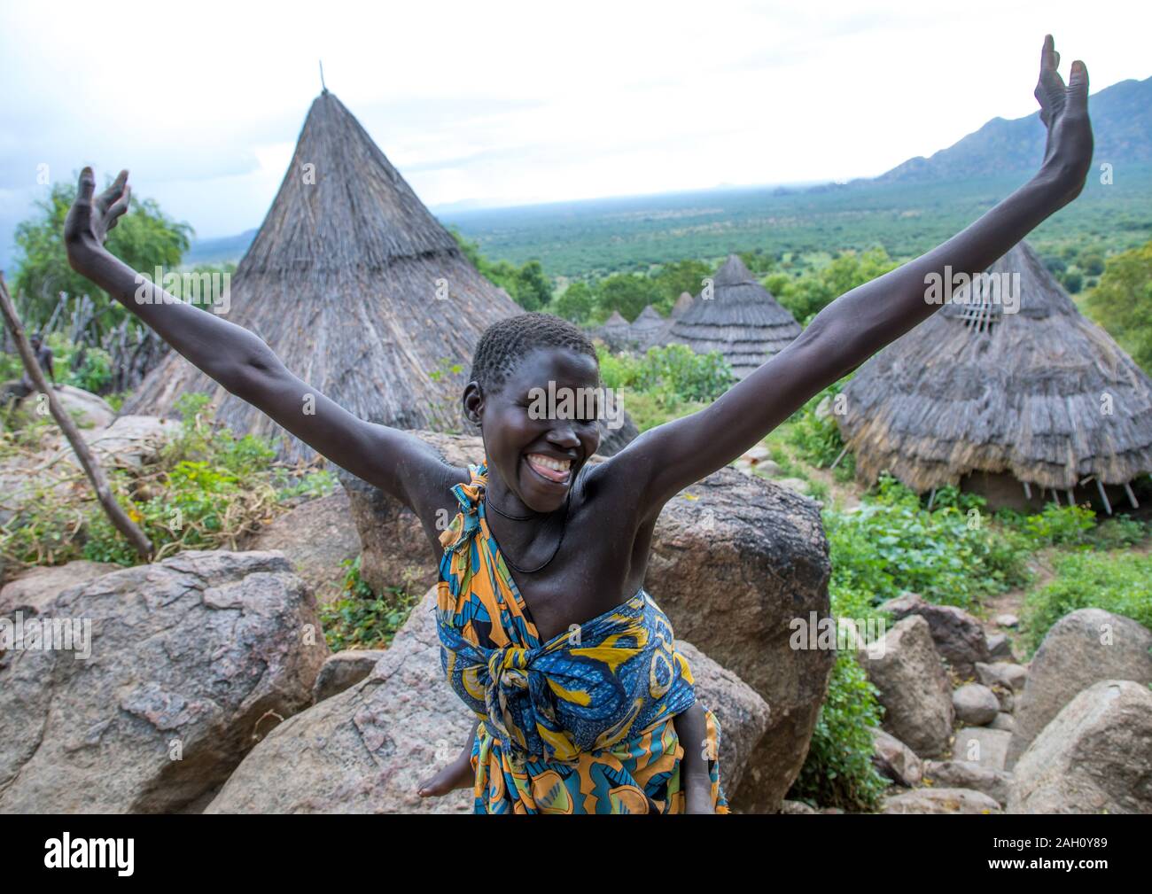 Lotuko tribe woman performing a welcome dance, Central Equatoria, Illeu ...