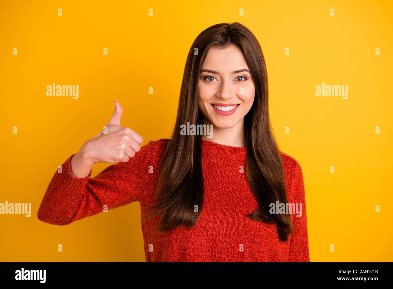 Portrait of positive cheerful content lady promoter show thumb up sign ...