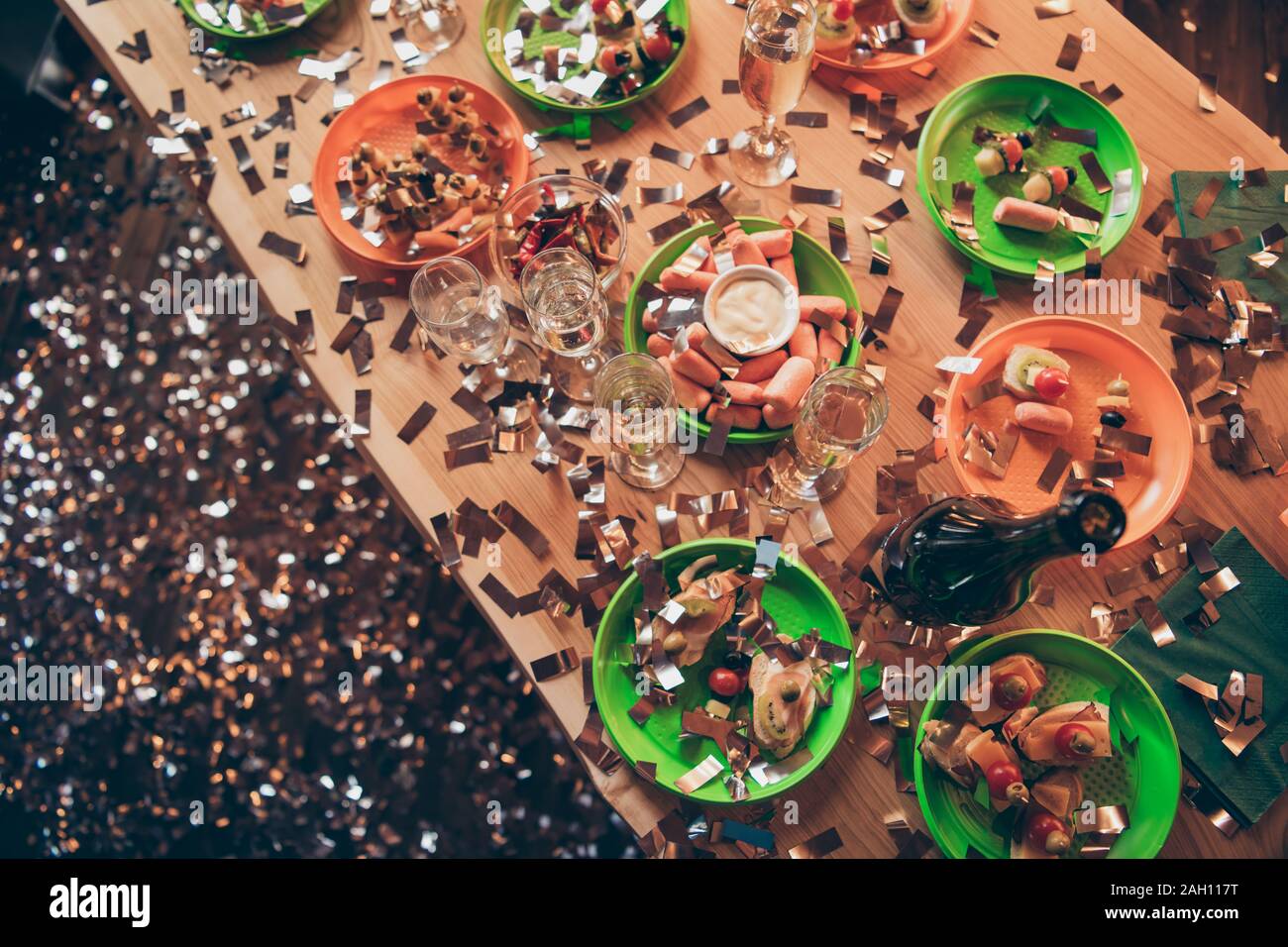 Top above high angle cropped view of nice lovely served colorful table ...