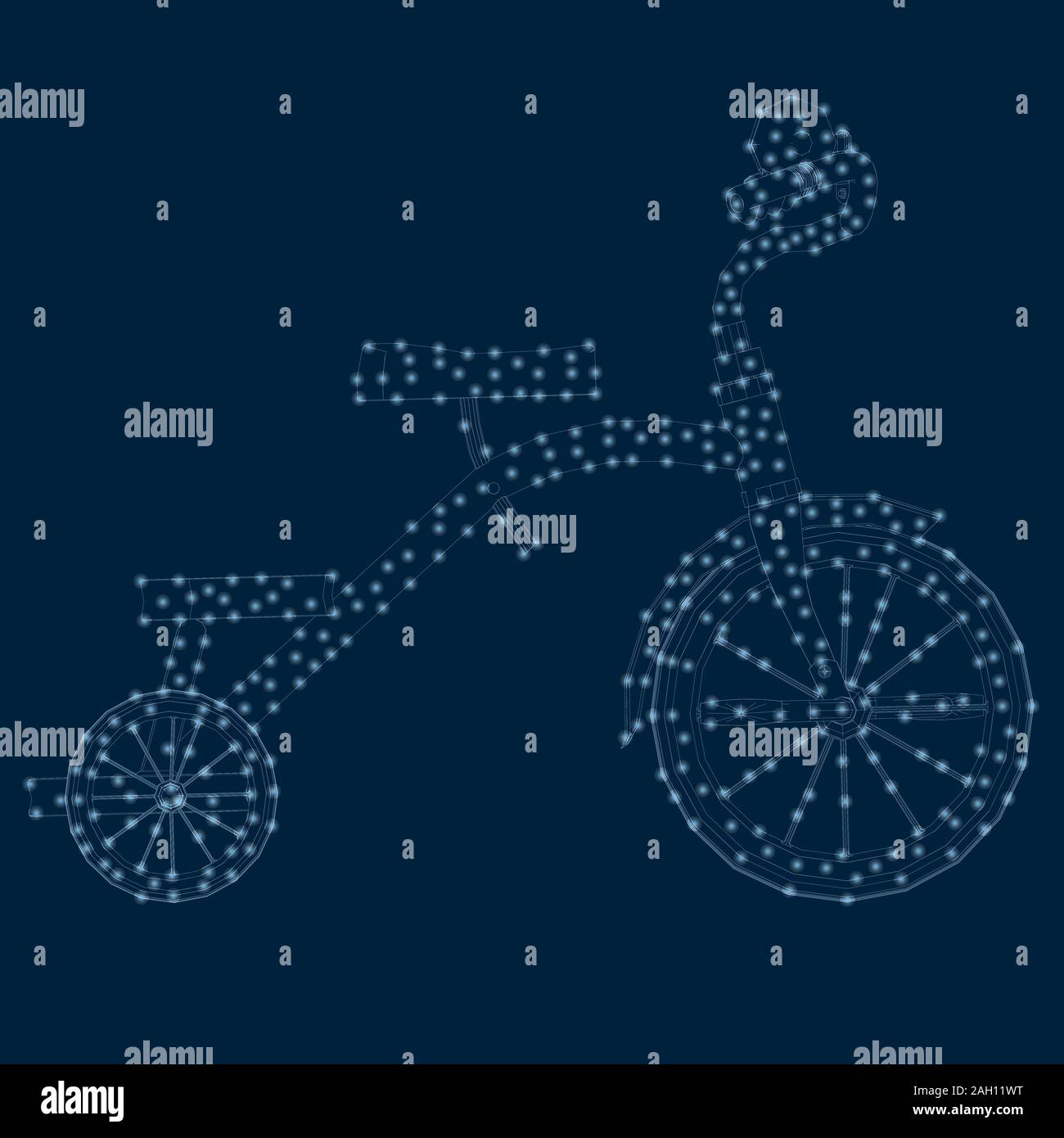 Contour of a tricycle of blue lines with luminous lights. Side view ...