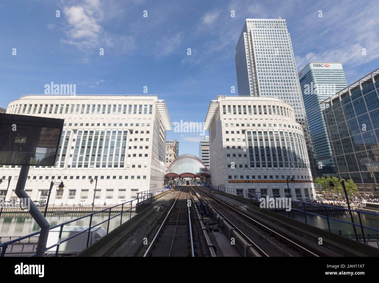 View through the front window of a DLR train, London, England Stock ...