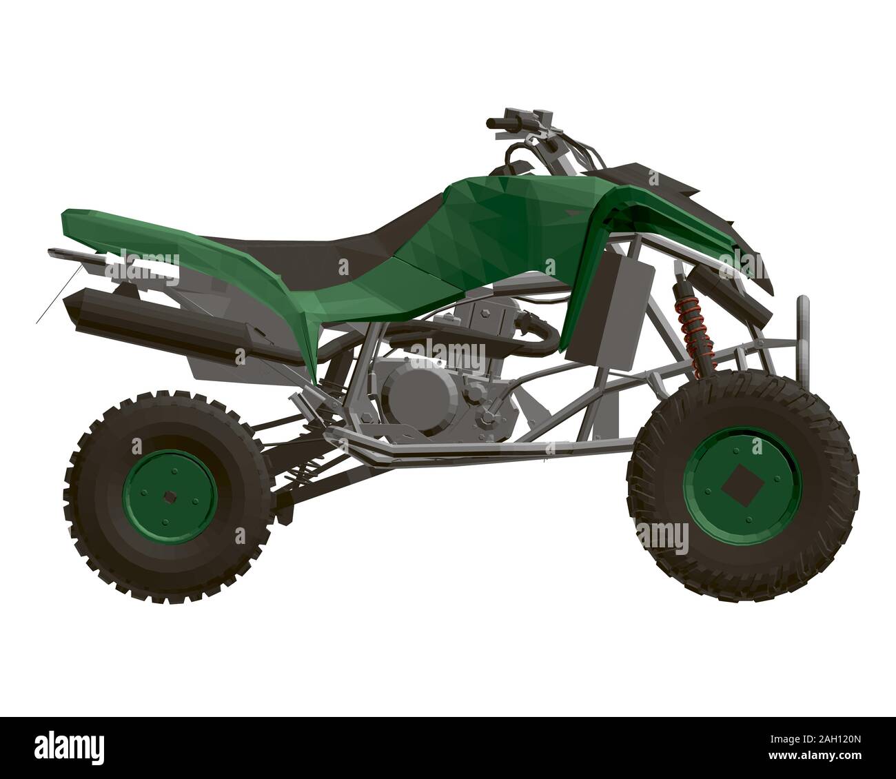 Polygonal green ATV isolated on a white background. Side view. 3D ...