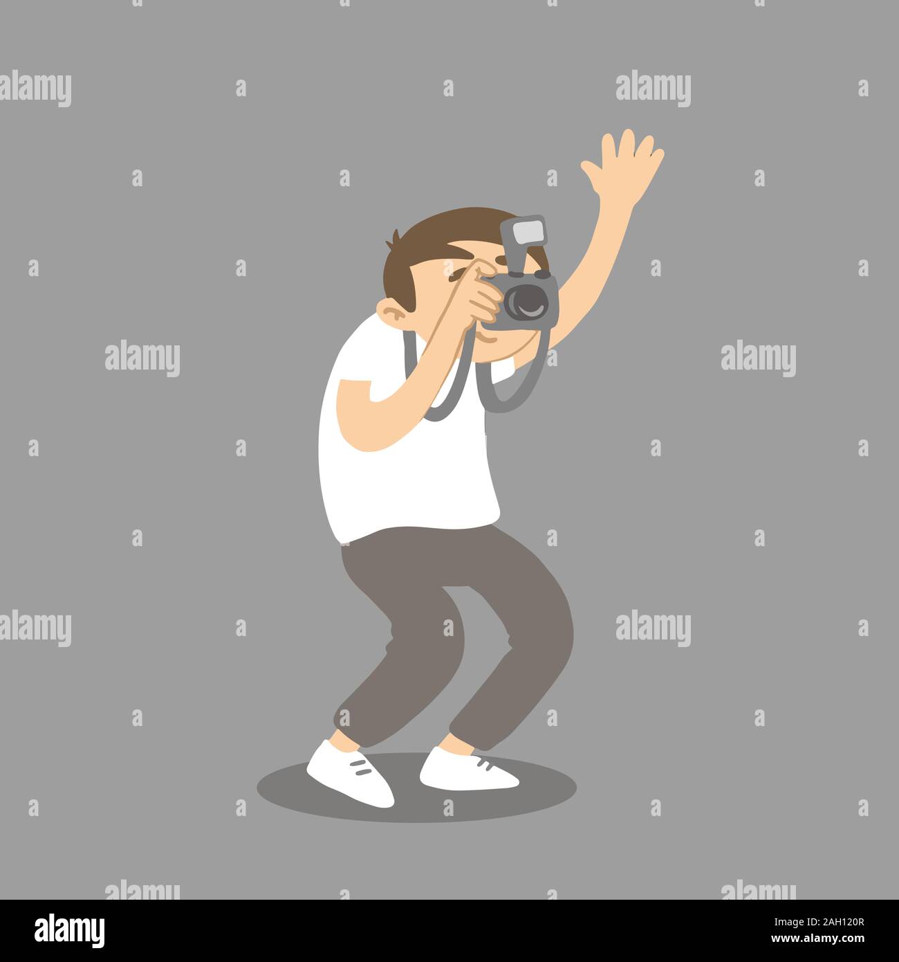 Photographer taking picture and holding hand up. Vector cartoon man ...