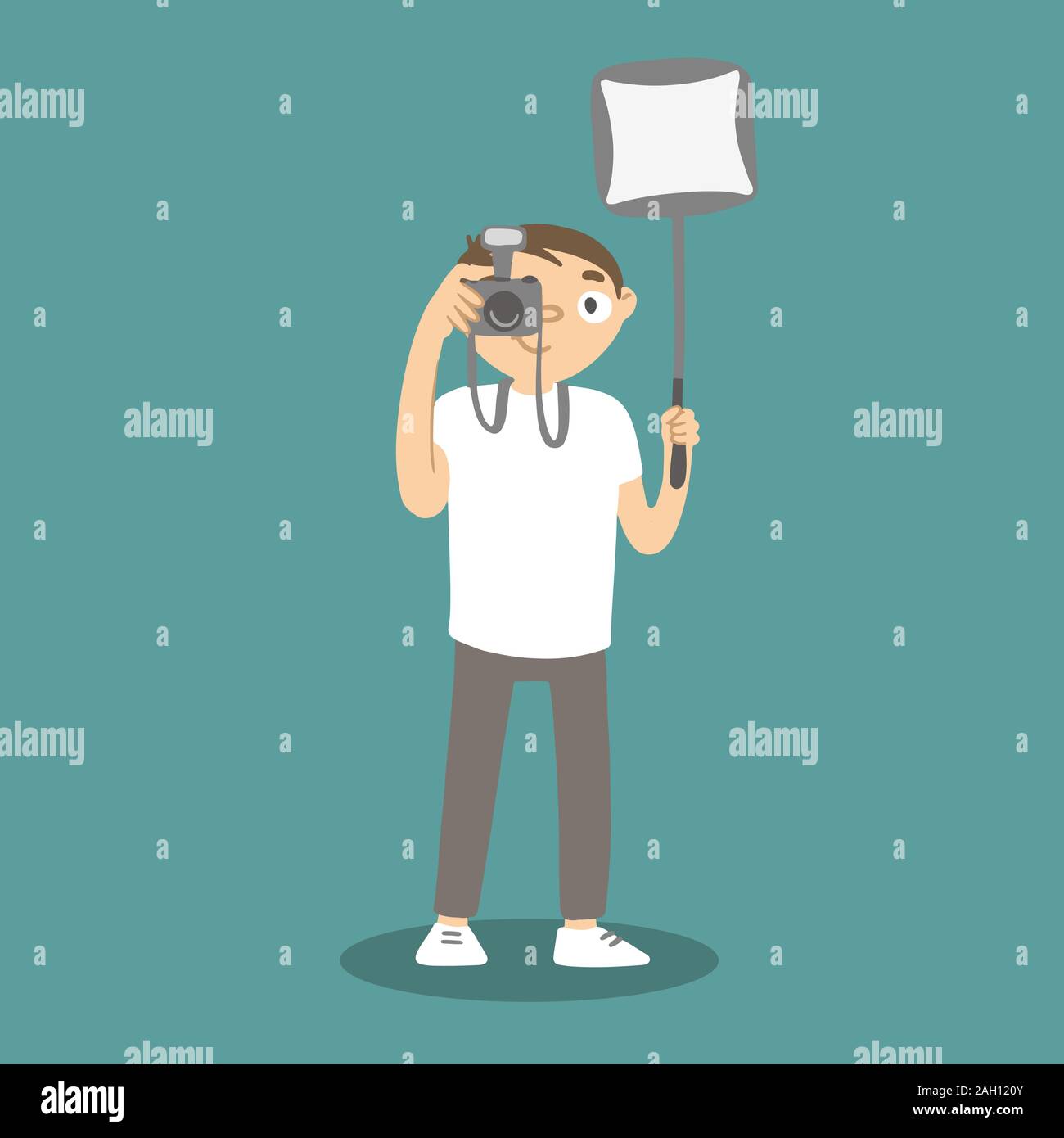 Photographer taking photo with softbox. Vector cartoon man taking ...