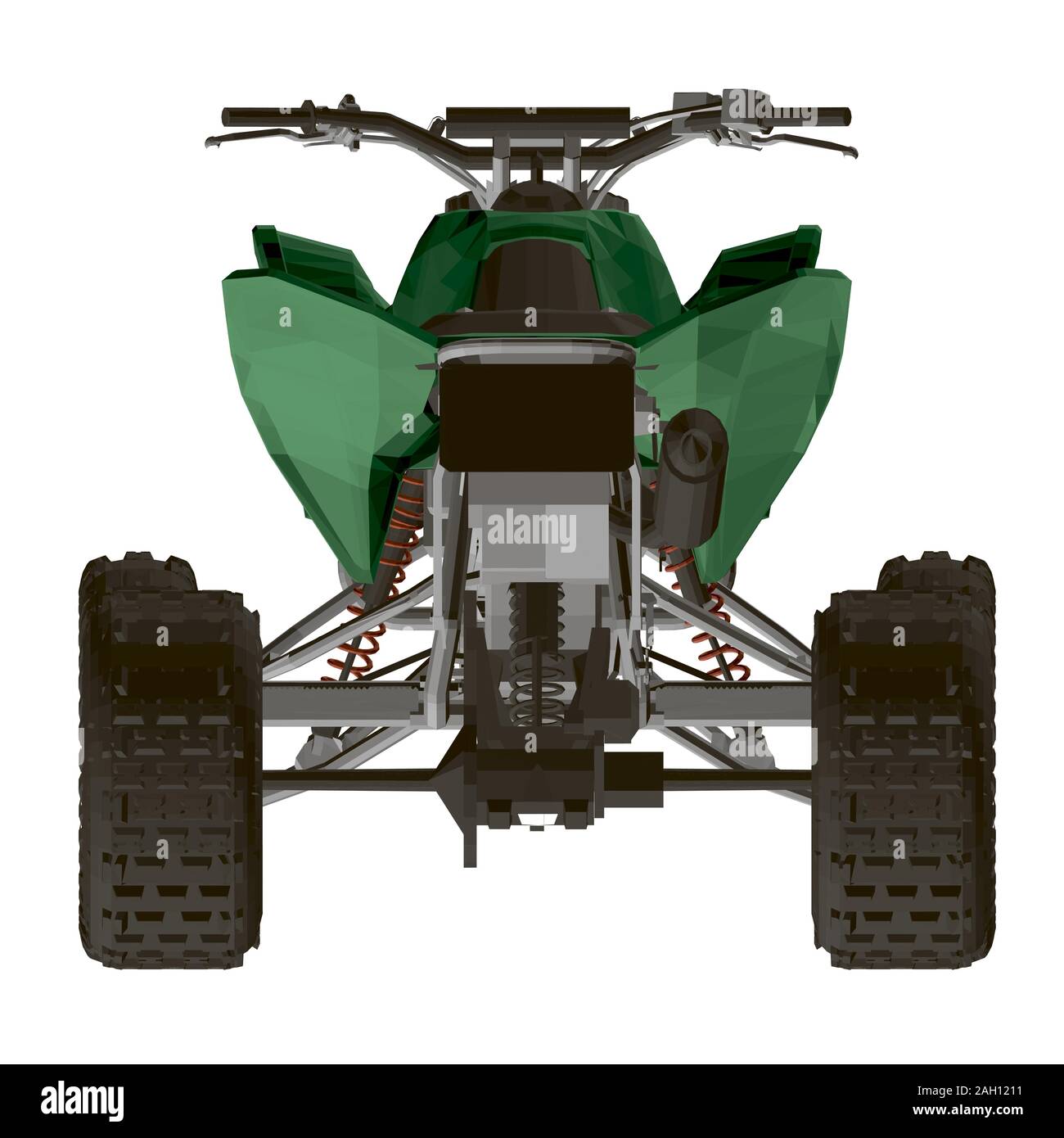 Polygonal green ATV isolated on a white background. Back view. 3D ...