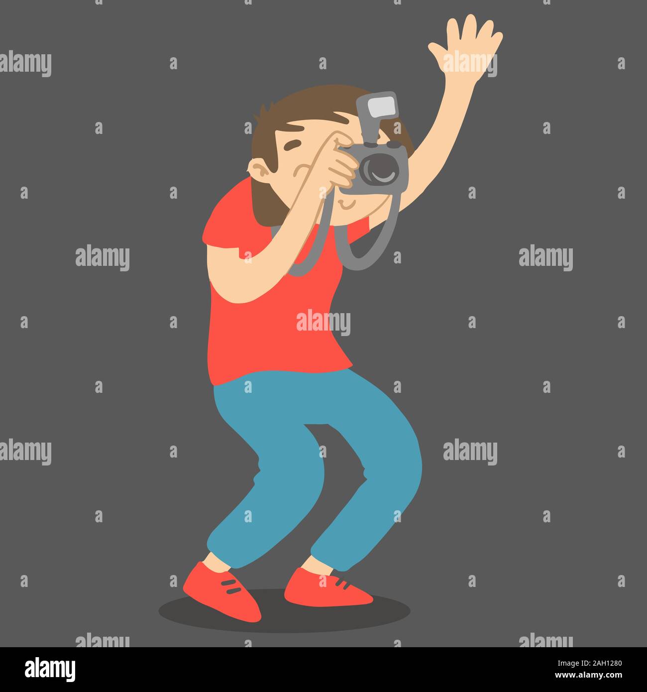 Photographer with camera and flashlight holding hand up. Vector cartoon ...