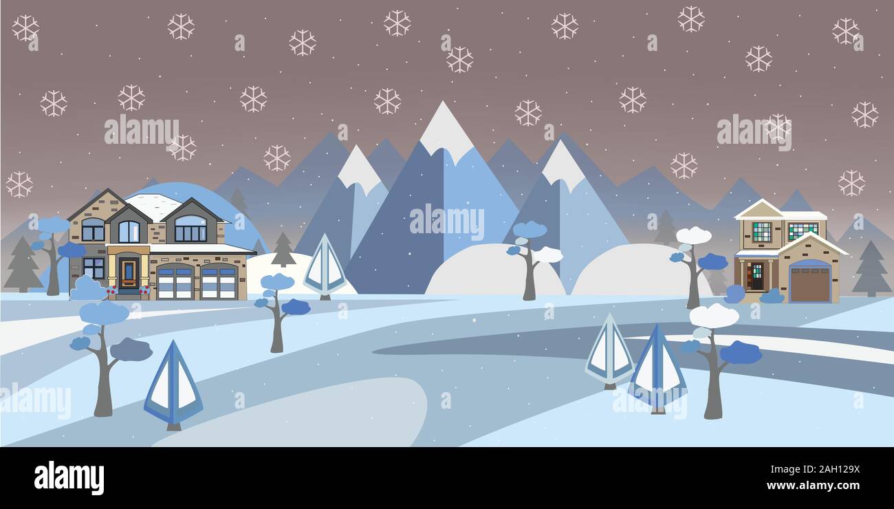 Winter Snowy Landscape with houses, trees and mountains. Suburban ...
