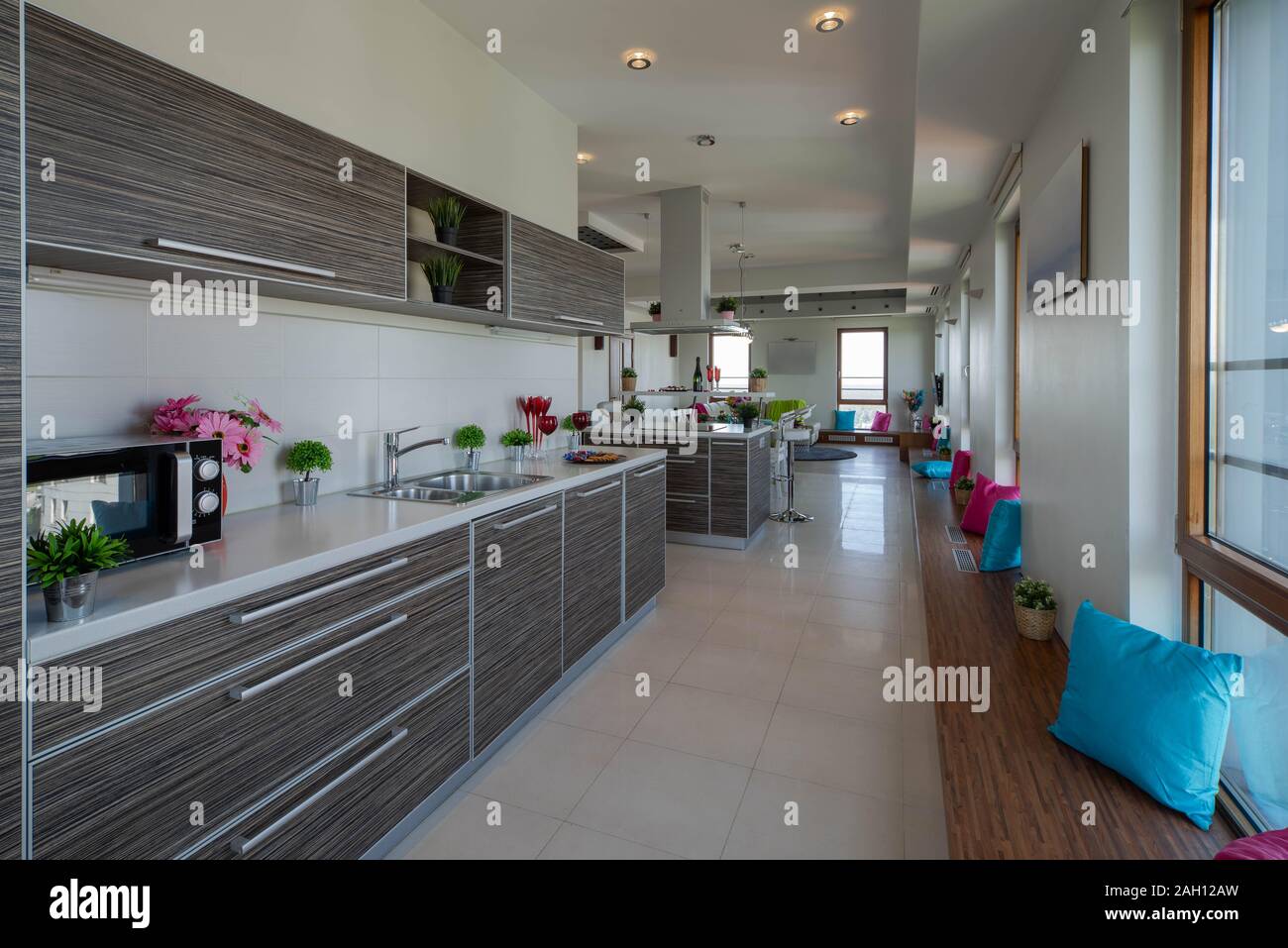 Luxury studio apartment. Living room and kitchen. Stylish wooden ...