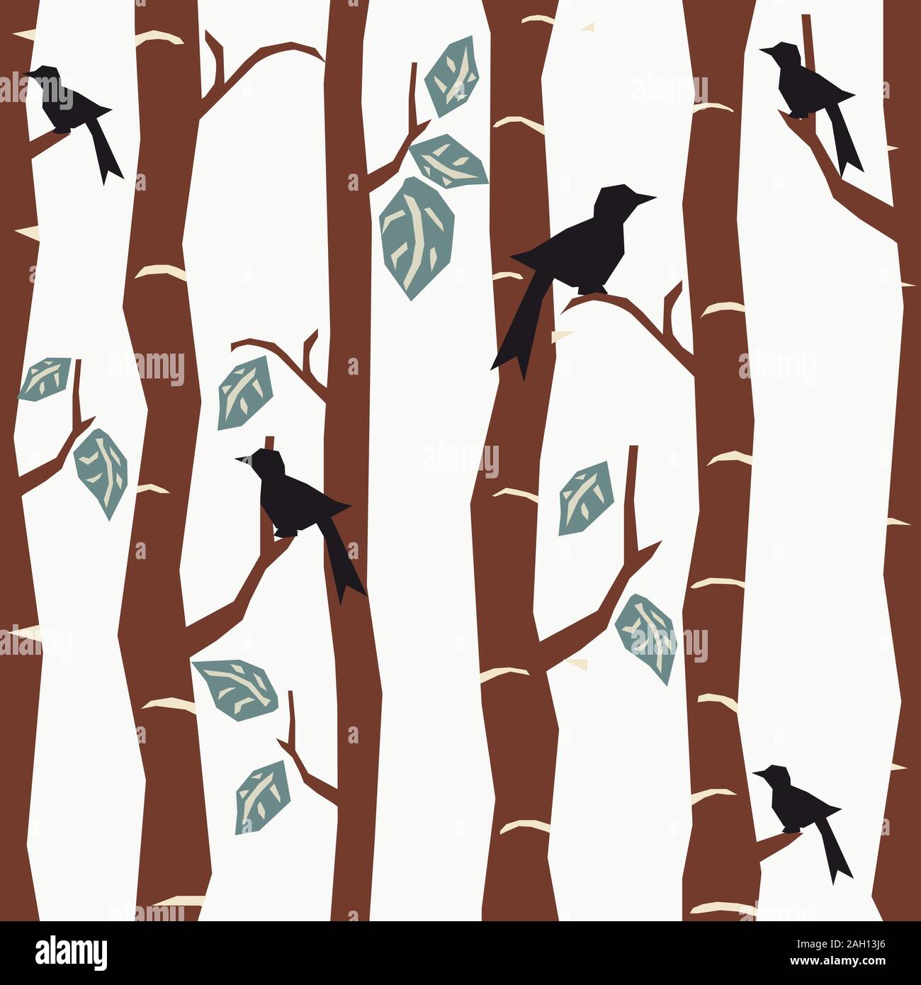 Seamless Tree Pattern with big birds and leaves. Vector Illustration ...