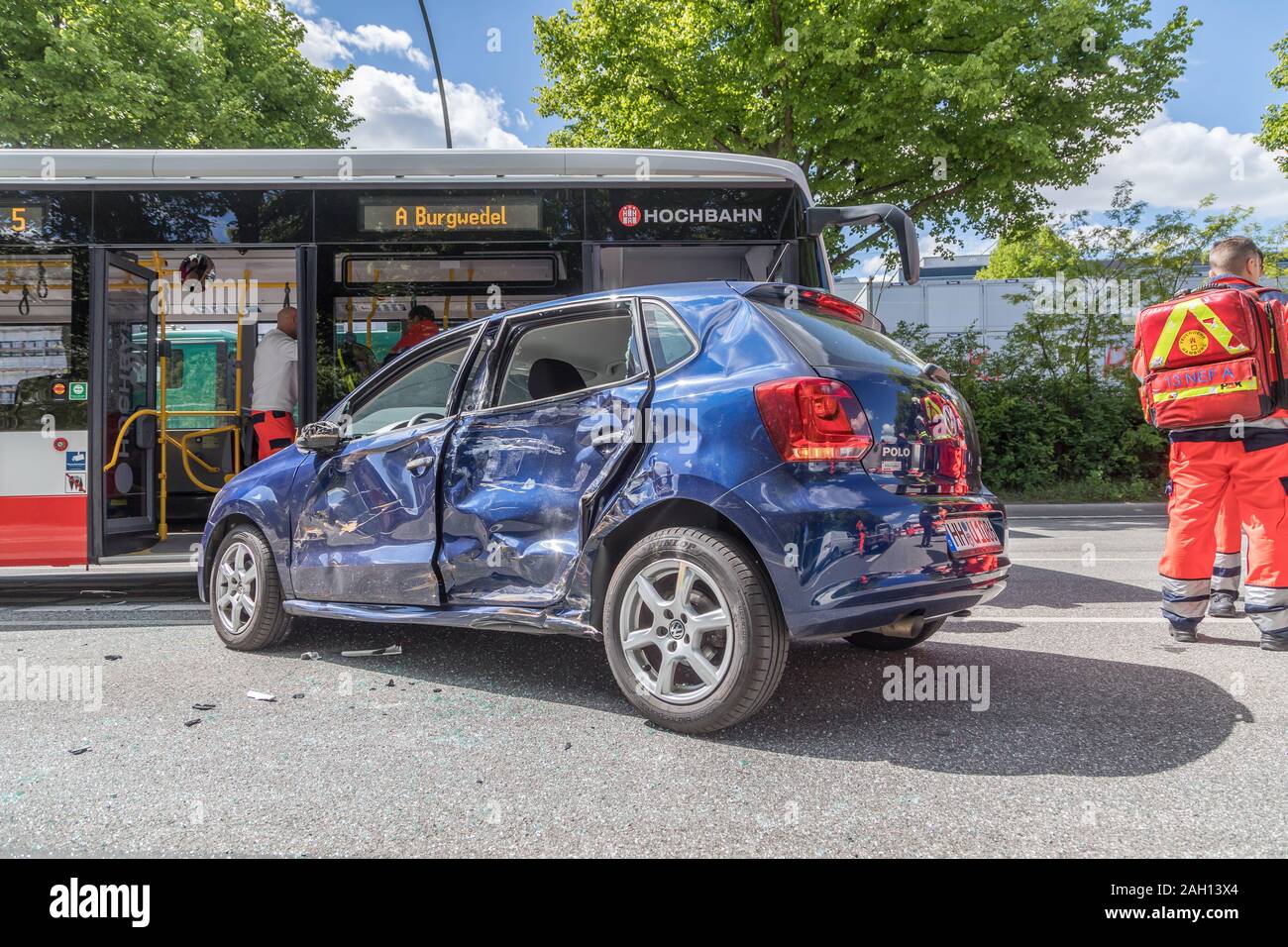 crash between bus and small car Stock Photo - Alamy
