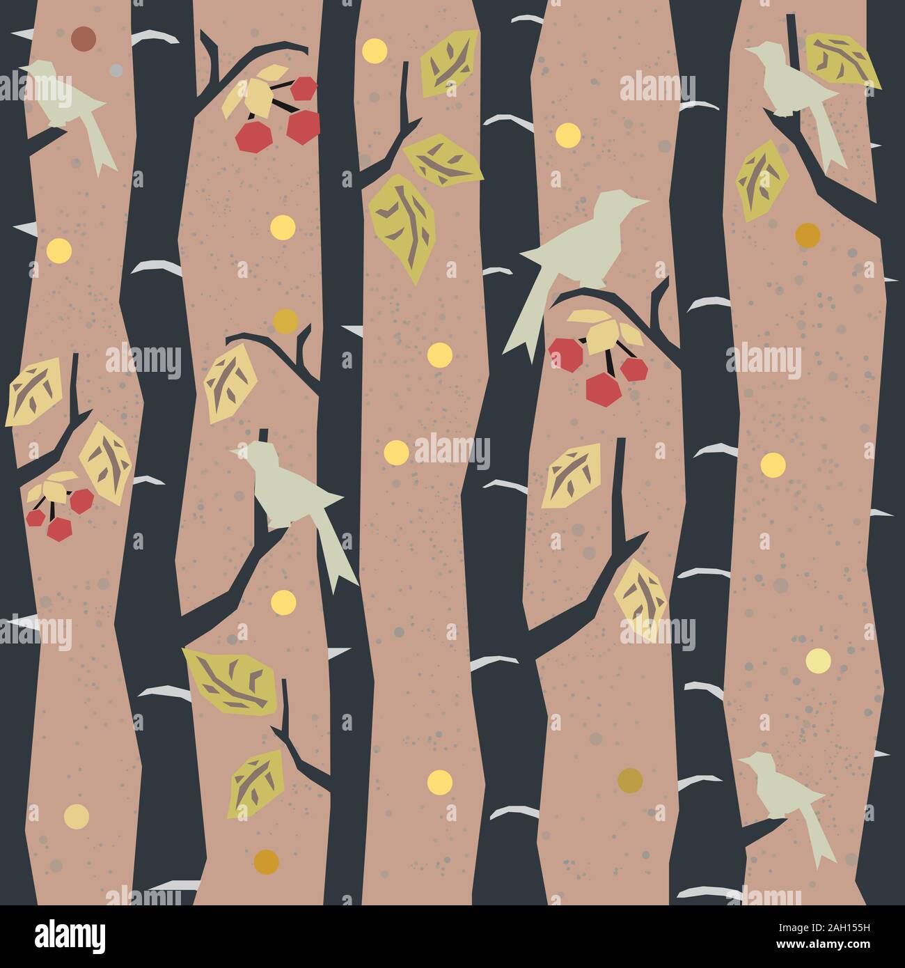 Seamless Tree Pattern with big birds, berries and leaves. Autumn Design ...