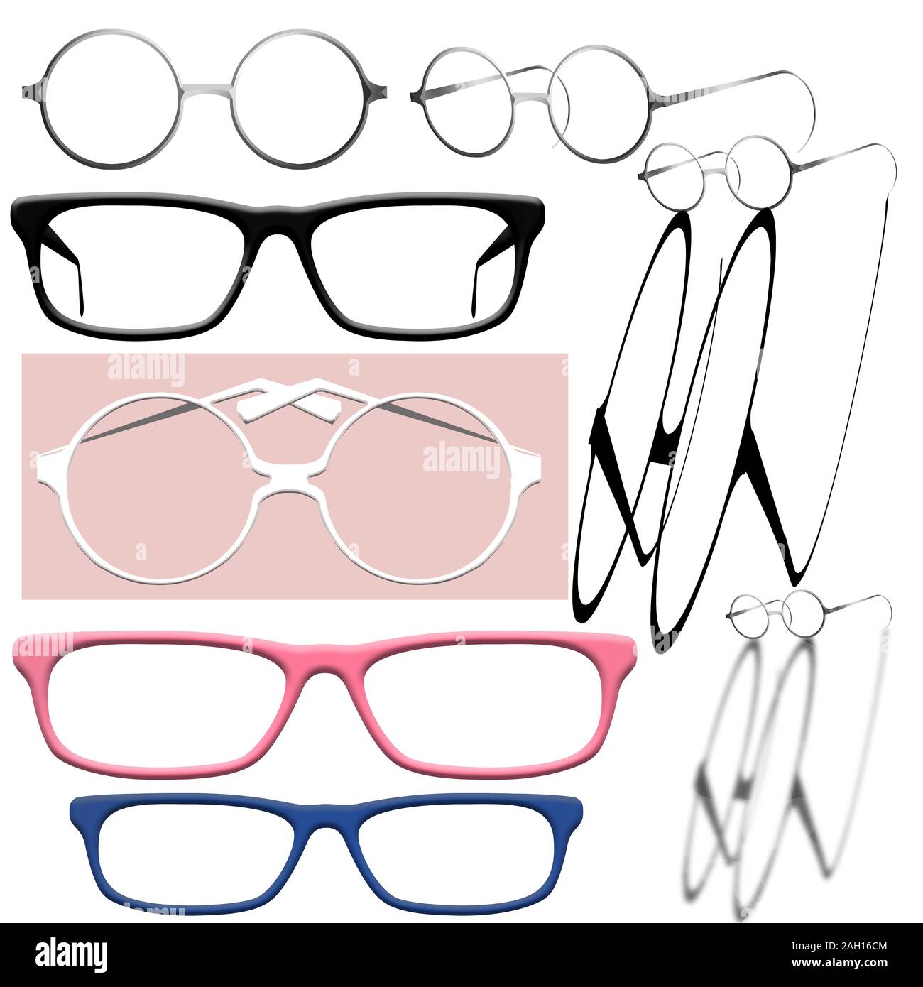 Eye glasses of various shapes and some with shadows are seen in this ...
