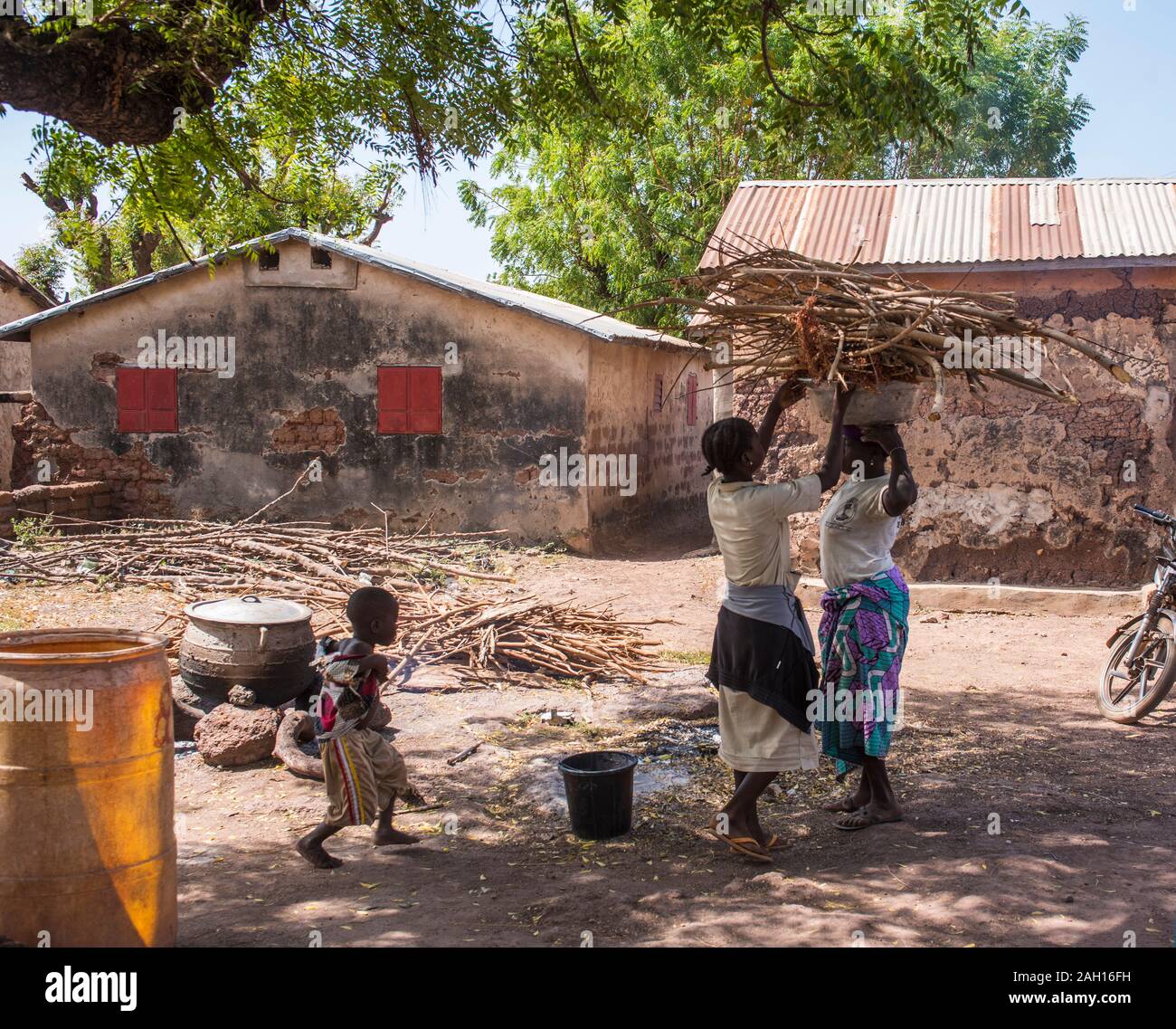 Benin, Kandi, african women, african village, carrying firewood, mud ...