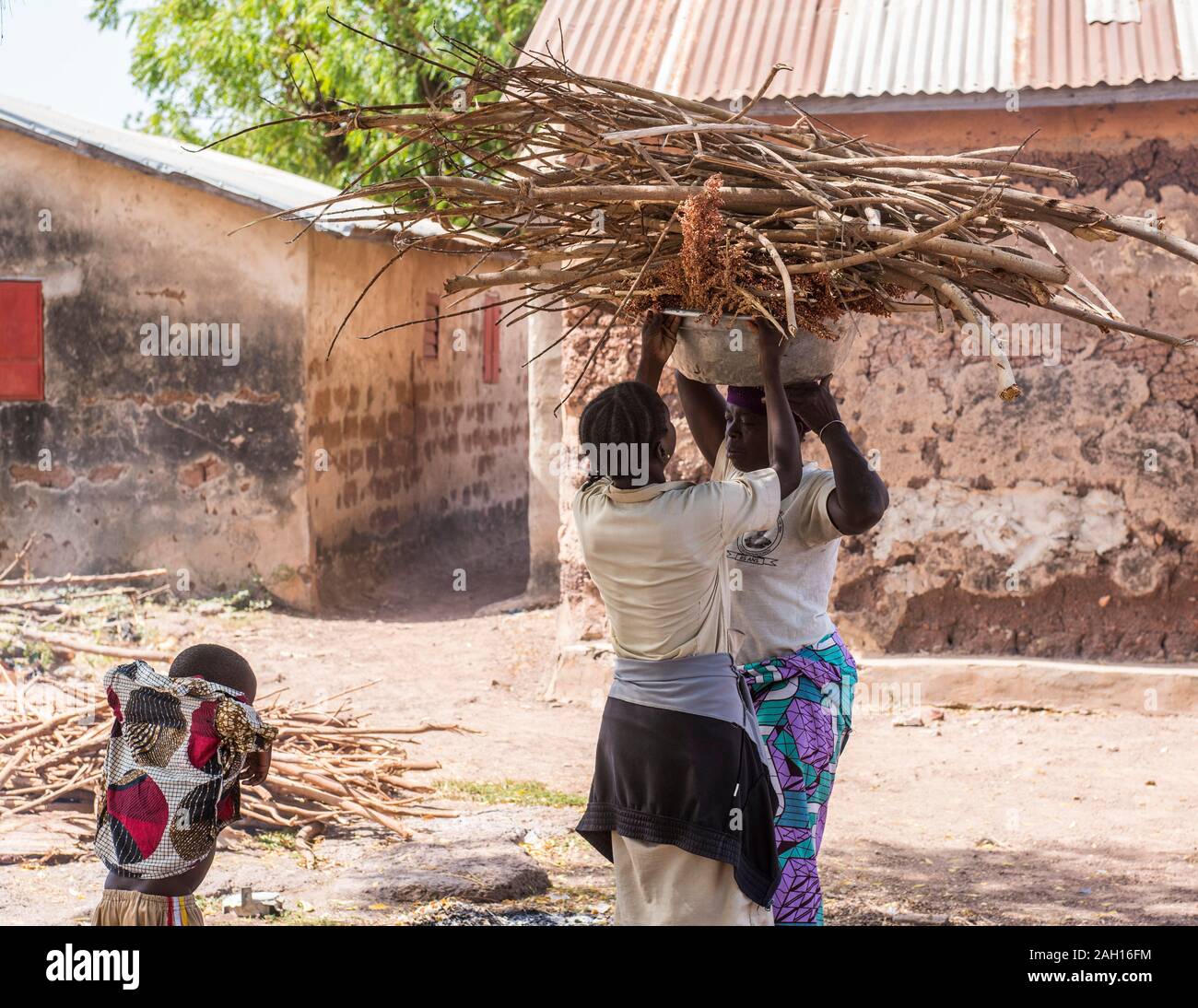 Benin, Kandi, african women, african village, carrying firewood, mud ...
