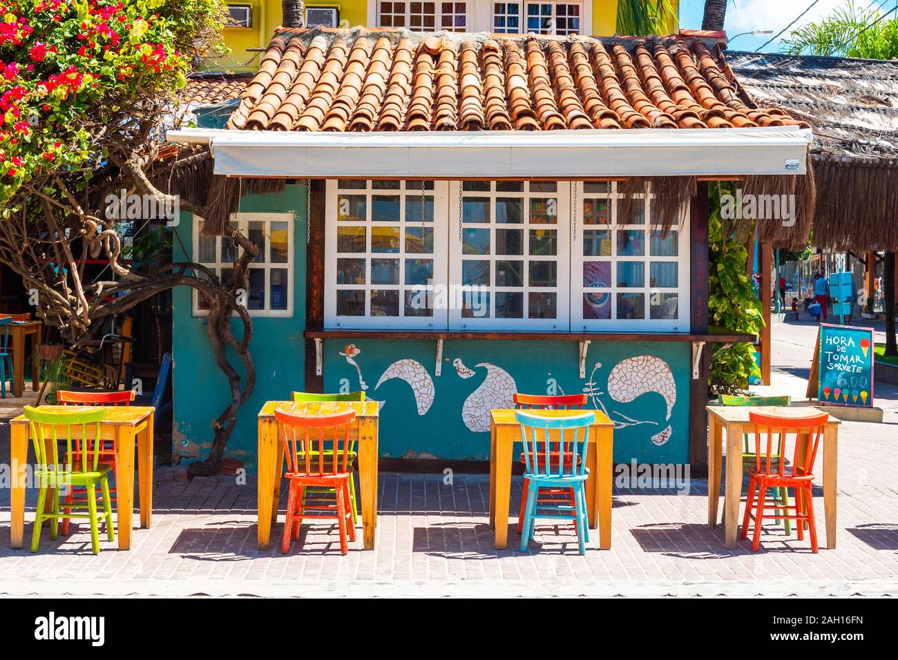 Outdoor cafe. View of the city street, Porto de Galinhas, Brazil Stock ...